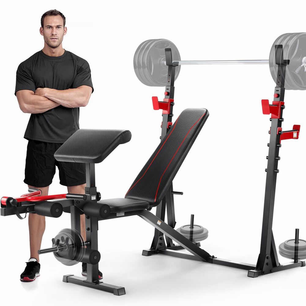 900LBS Adjustable Olympic Weight Bench Set w/Squat Rack Full Body ...