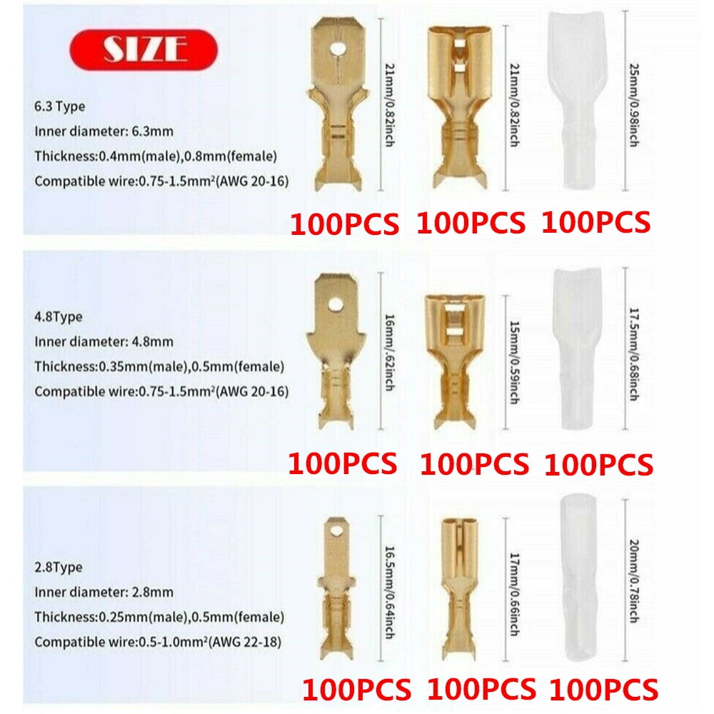 900PCS 2.8/4.8/6.3mm Wire Crimp Connectors Brass Female/Male Spade ...