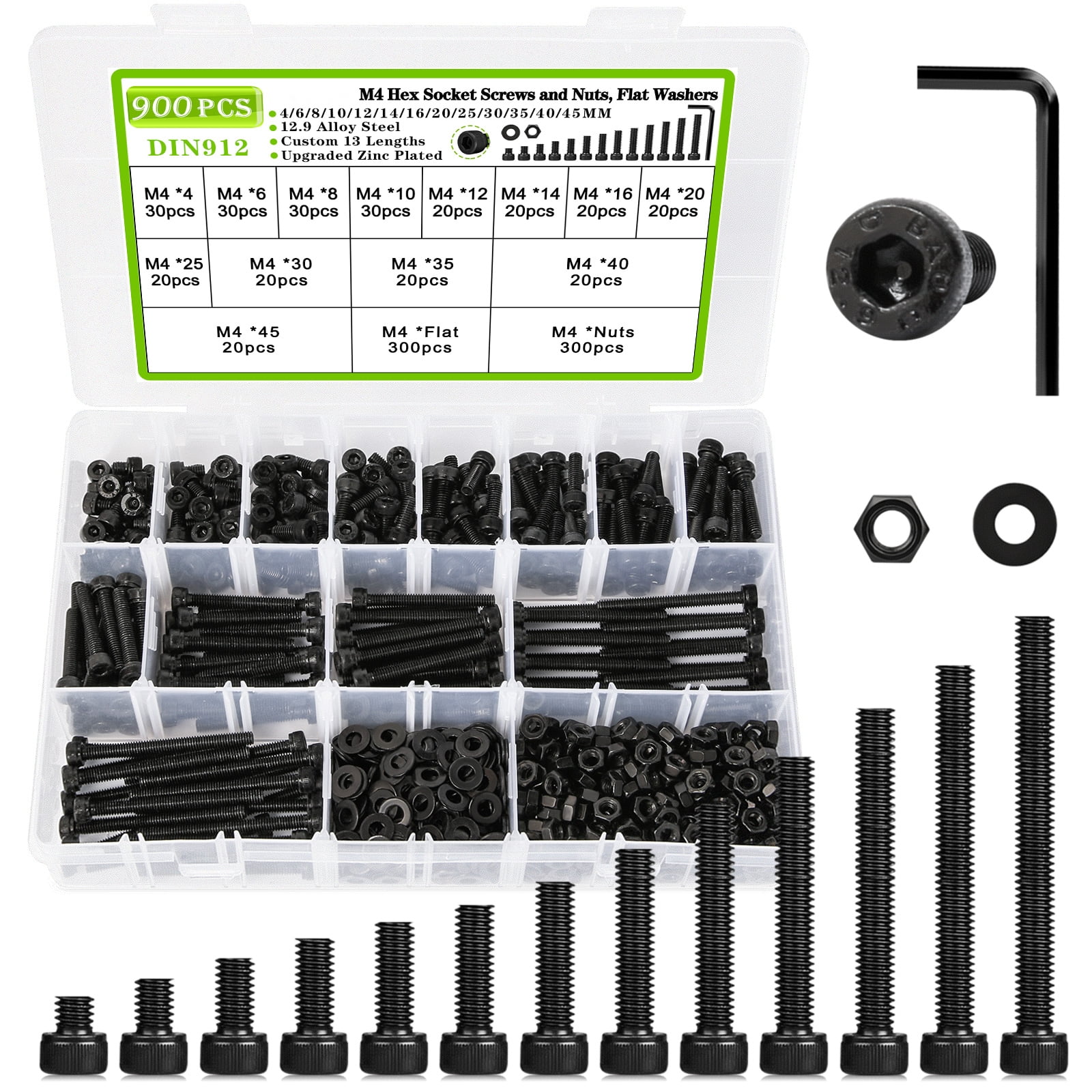 900PCS M4 Screws Nuts and Bolts Assortment Kit, 12.9 Alloy Steel Hex Socket Head Cap Machine ...