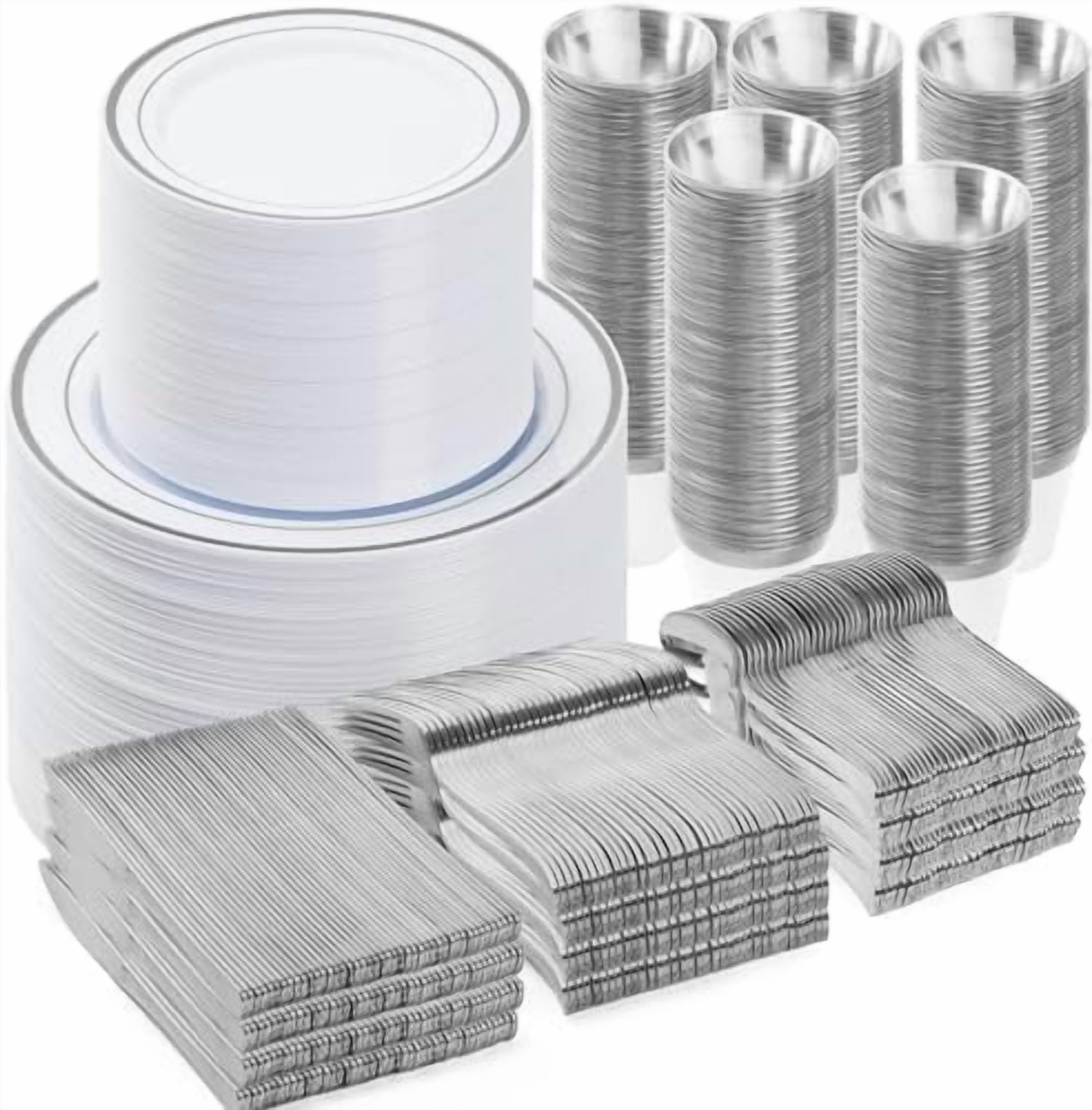 900PCS Silver Dinnerware Set for 150 Guests, Plastic Plates for Party ...