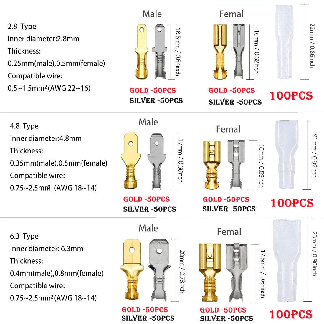 900PCS Spade Electrical Wire Connectors Male Female Crimp Terminal 2.8 ...
