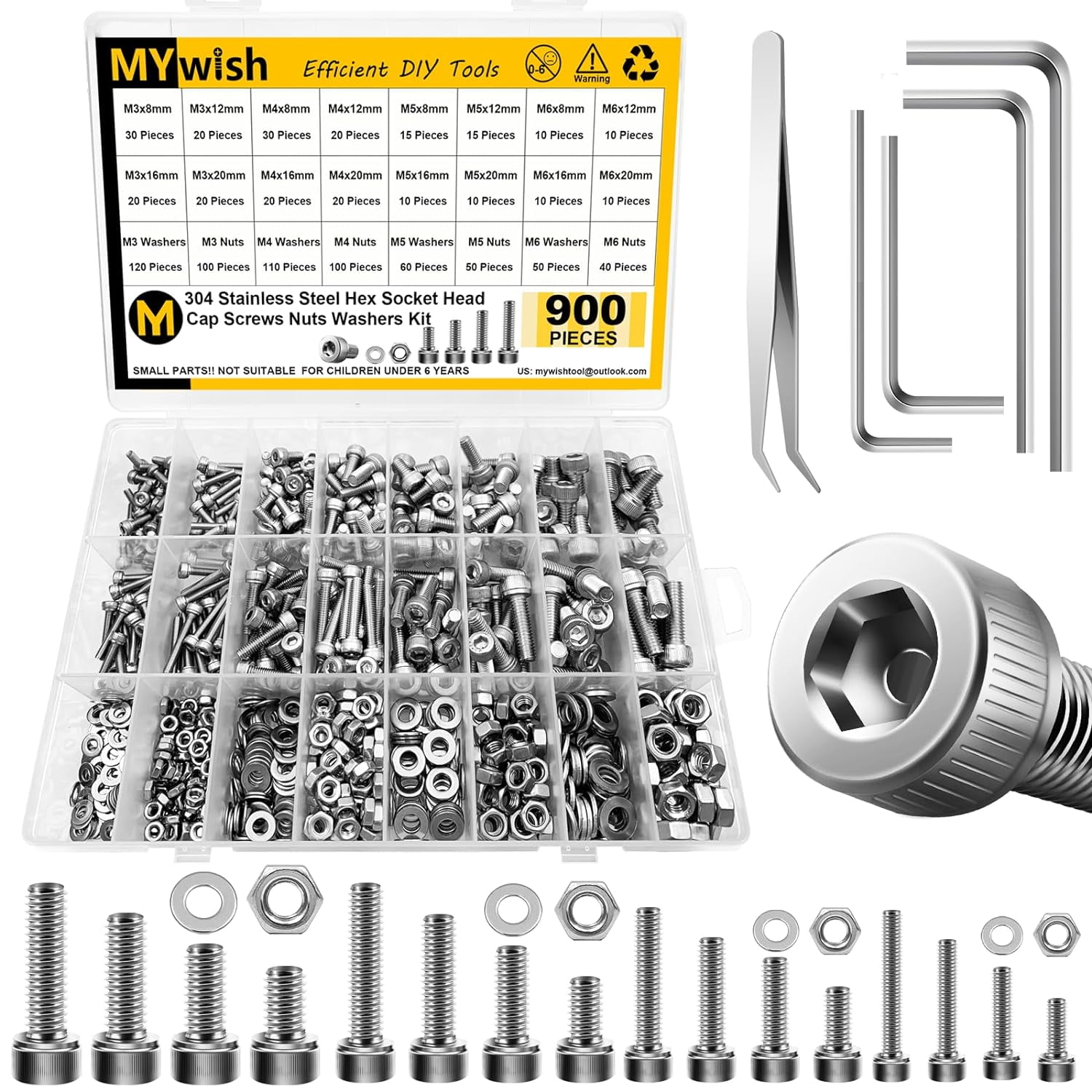 900Pcs M3 M4 M5 M6 Metric Screw Assortment, 304 Stainless Steel Nuts and Bolts, Hex Socket Head ...