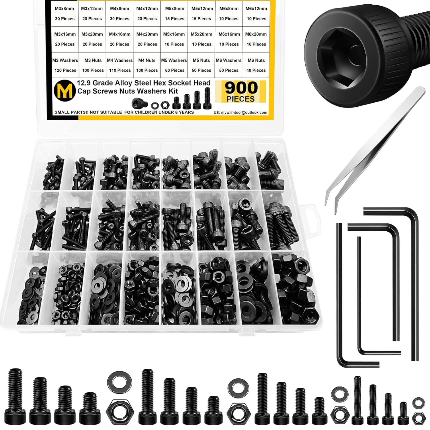 900Pcs M3 M4 M5 M6 Metric Screws Assortment, Grade 12.9 Alloy Steel, Nuts and Bolts Hex Socket ...