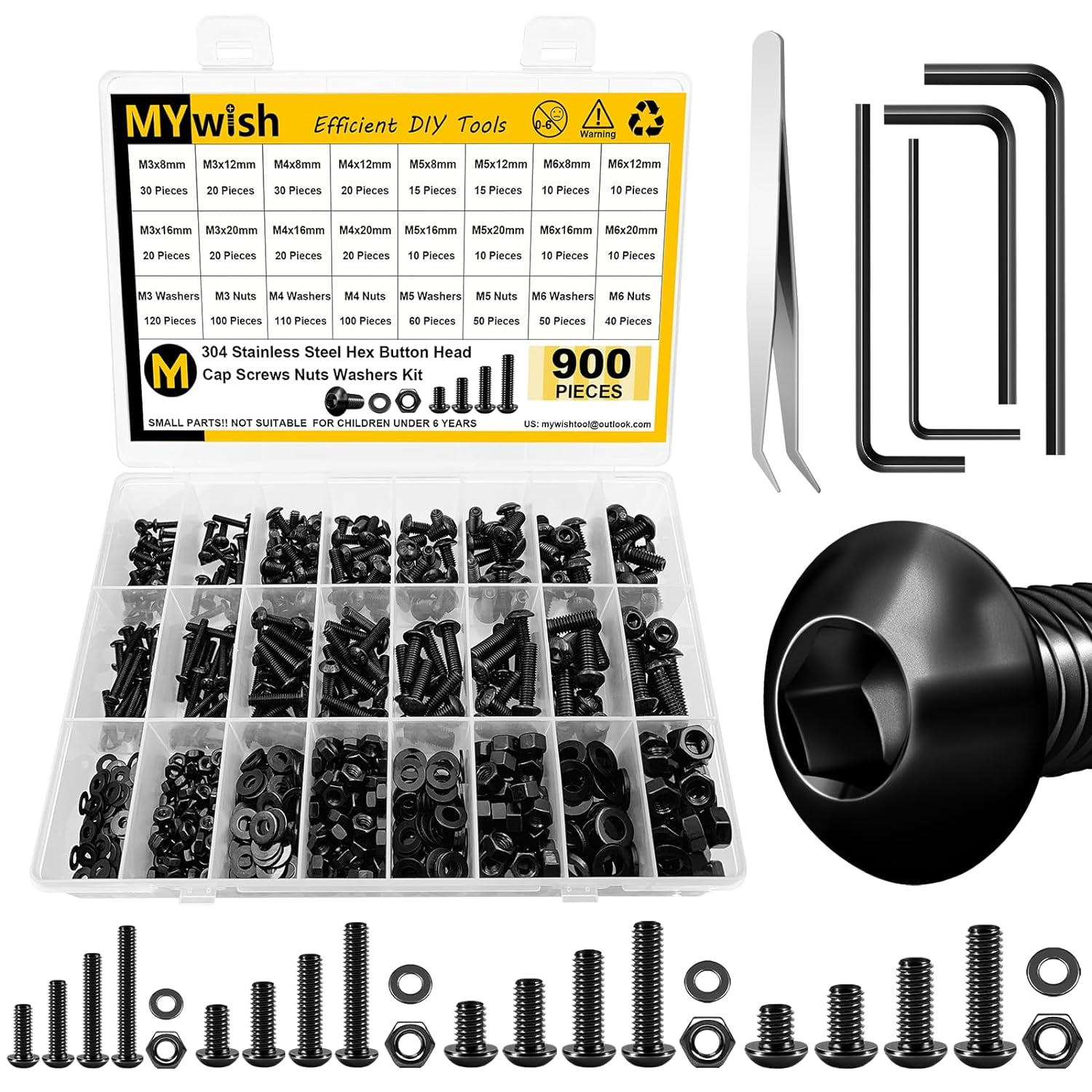 900Pcs Metric Screw Assortment Kit, M3 M4 M5 M6 Bolts Nuts & Flat Washers, Grade 10.9 Alloy ...