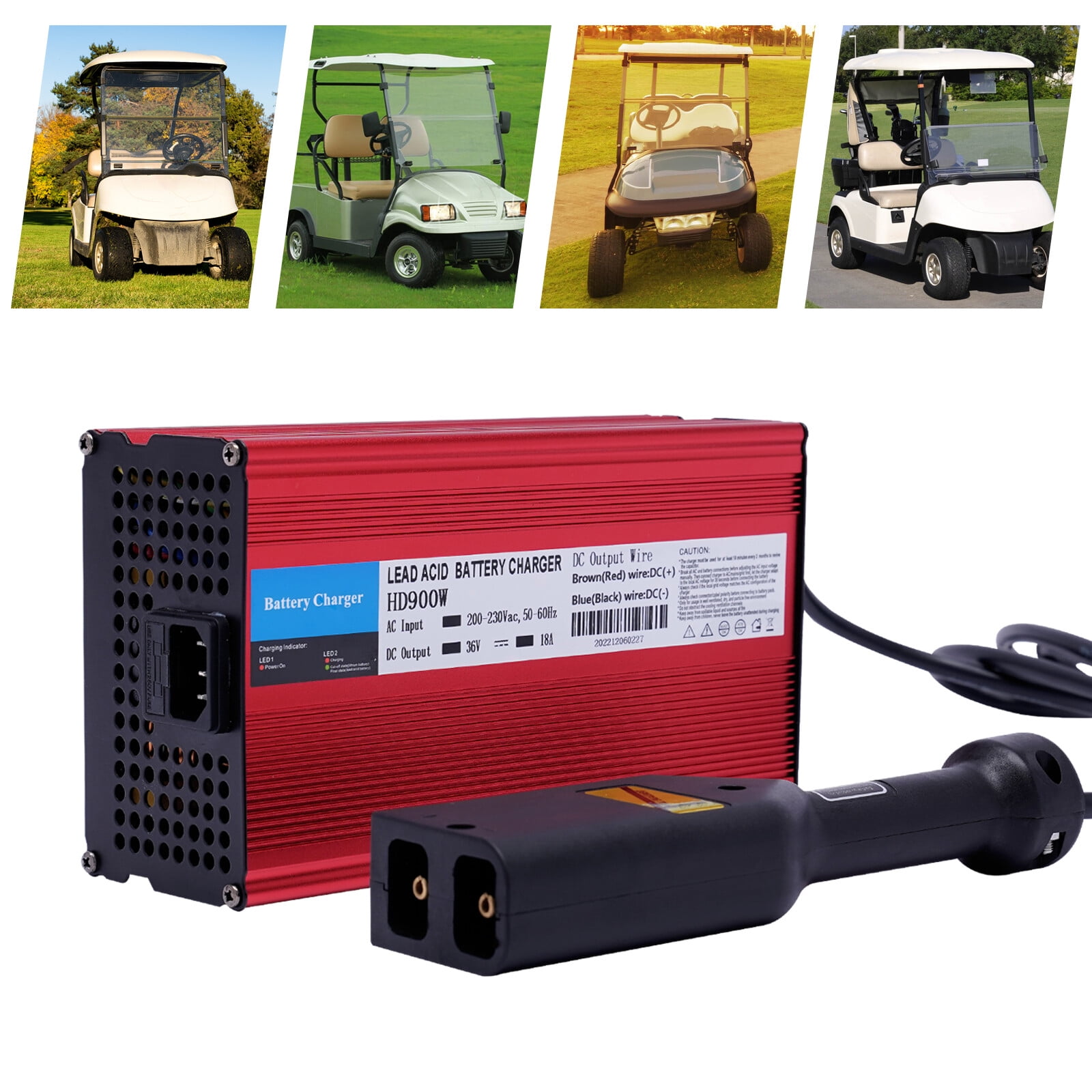 900W 36V 18A Red Battery Charger Aluminum Alloy For EzGo TXT Golf Cart ...