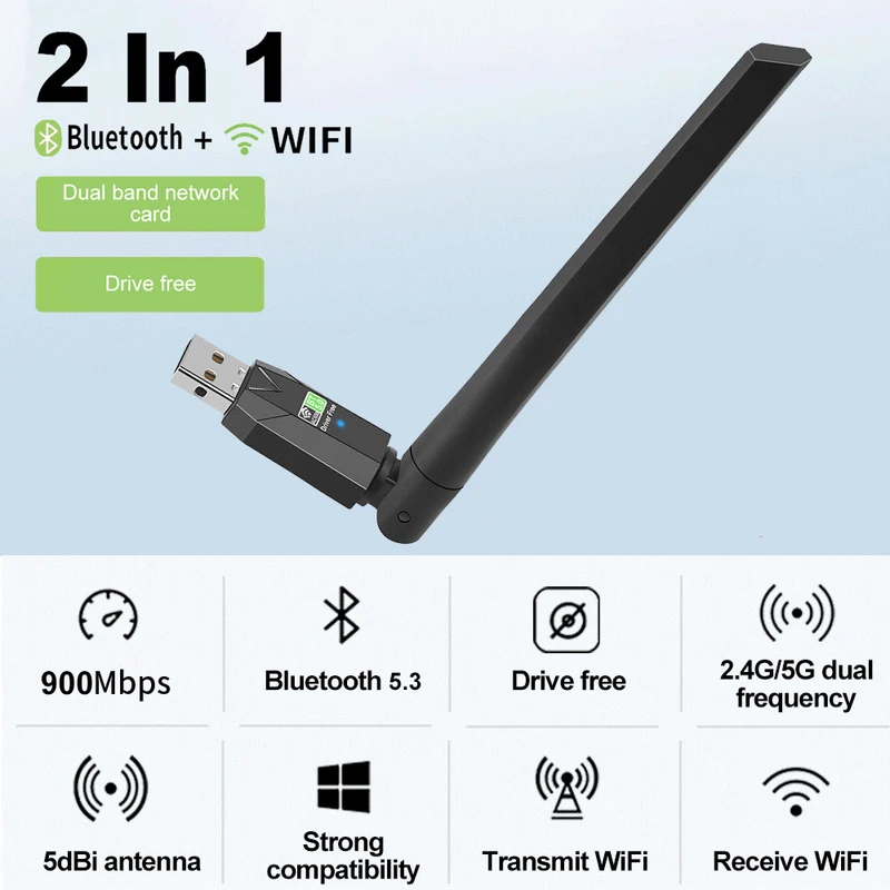 900mbps 2 in 1 USB bluetooth5.3 WiFi adapter for PC BT wifi6 2.4g 5G ...