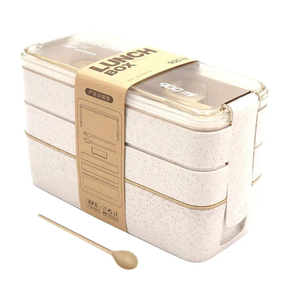 900ml Healthy Material Lunch Box 3 Layer Wheat Straw Bento Boxes Microwave Dinnerware Food ...