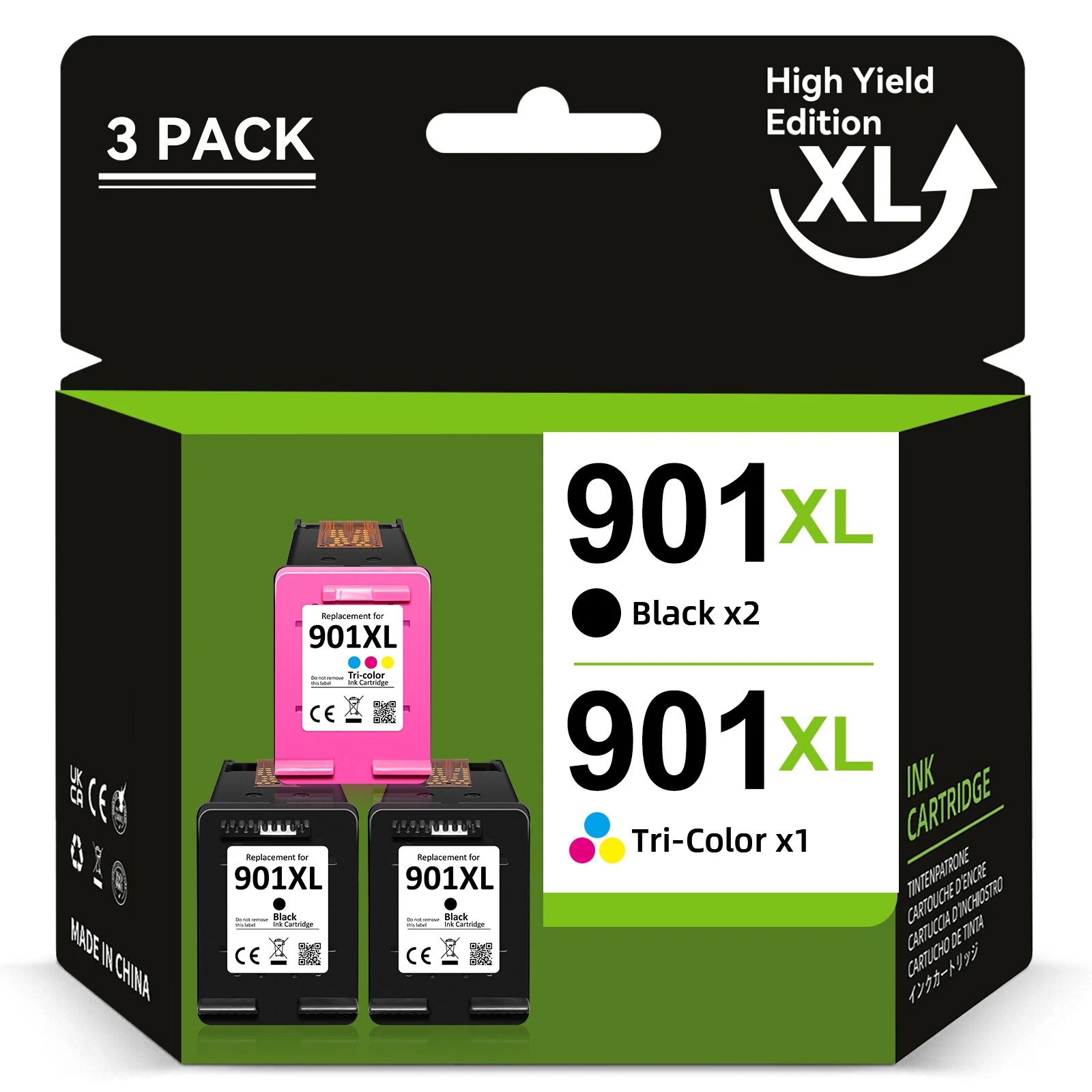 Mooho 901XL Ink Cartridge Combo, 2 Black 1 Tri-Color, Compatible for HP ...