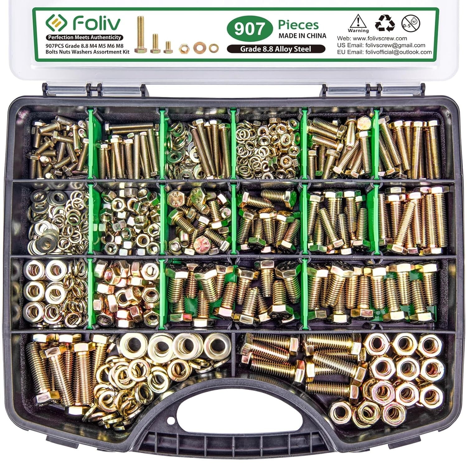 907pcs Grade 8.8 Metric Bolt Assortment, M4 M5 M6 M8 Heavy Duty Bolts ...