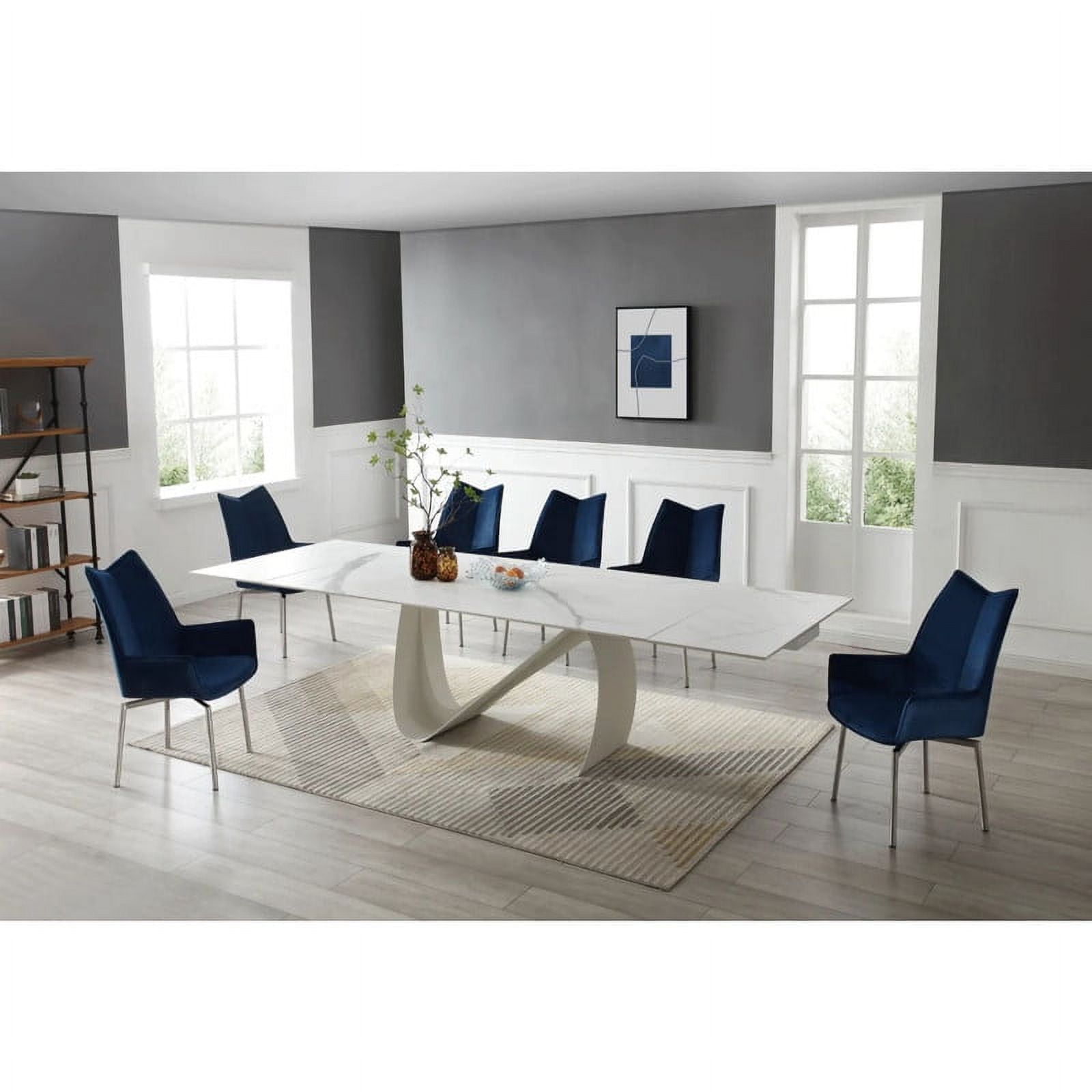 9087 Table with 1218 Swivel Chair Dining Set in White & Blue, 7-PC ...