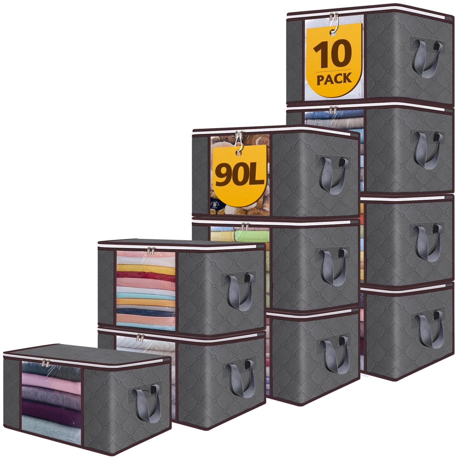 90L Large Storage Bags,10 Pack Foldable Clothes Storage with Zipper and ...