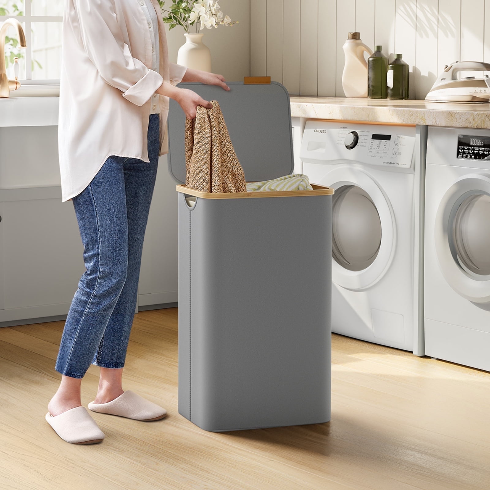 90L Laundry Hamper with Lid 3-Section Large Laundry Basket Removable ...