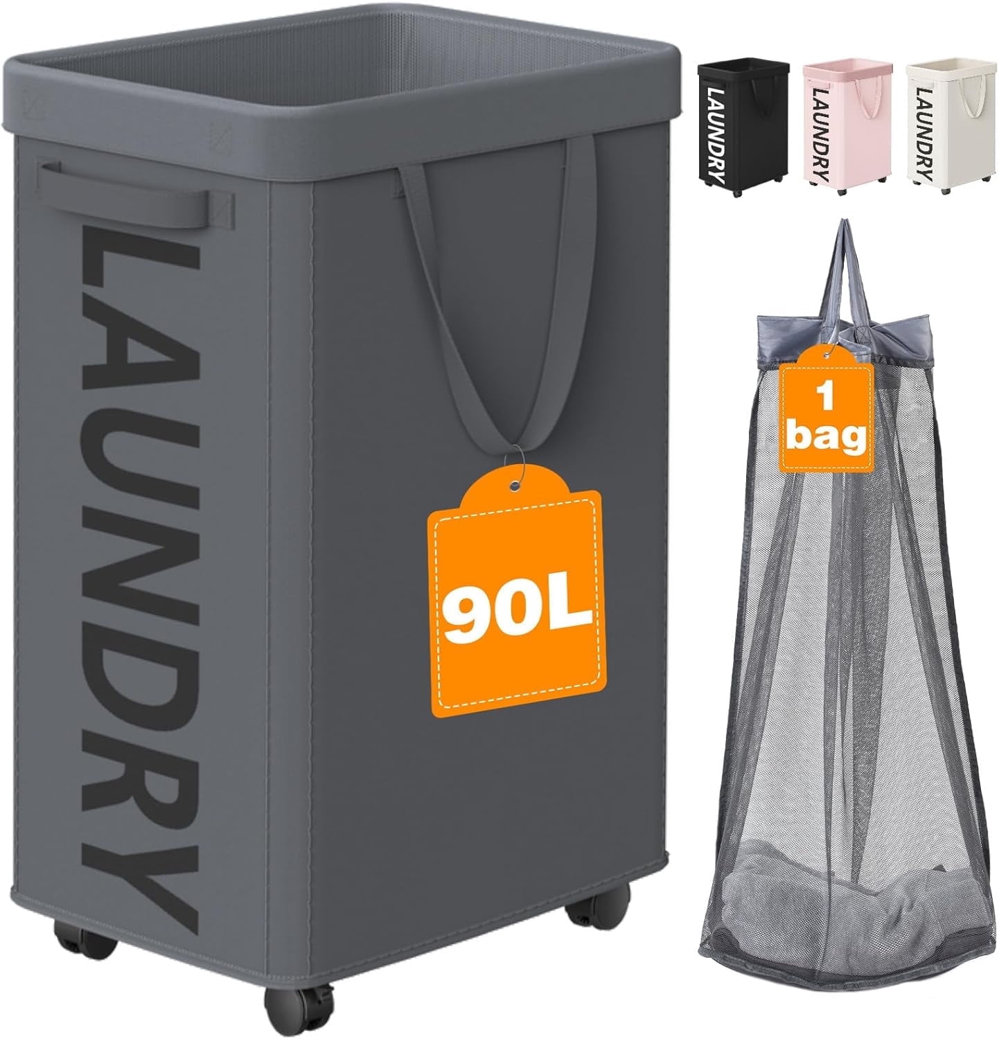 90L Rolling Laundry Basket with Wheels, 29 IN Laundry Hamper with ...