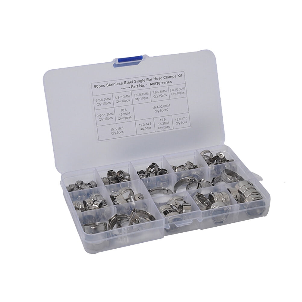 90PCS 12 Types Single Ear Hose Clamps Stainless Steel Hydraulic O-Clips ...