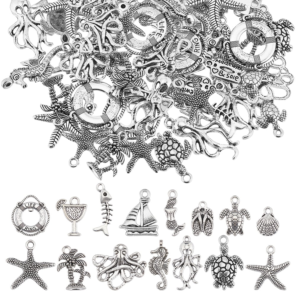 90PCS 15 STYLES Silver Ocean Charms Bulk Sea Life Charm Metal Alloy ...