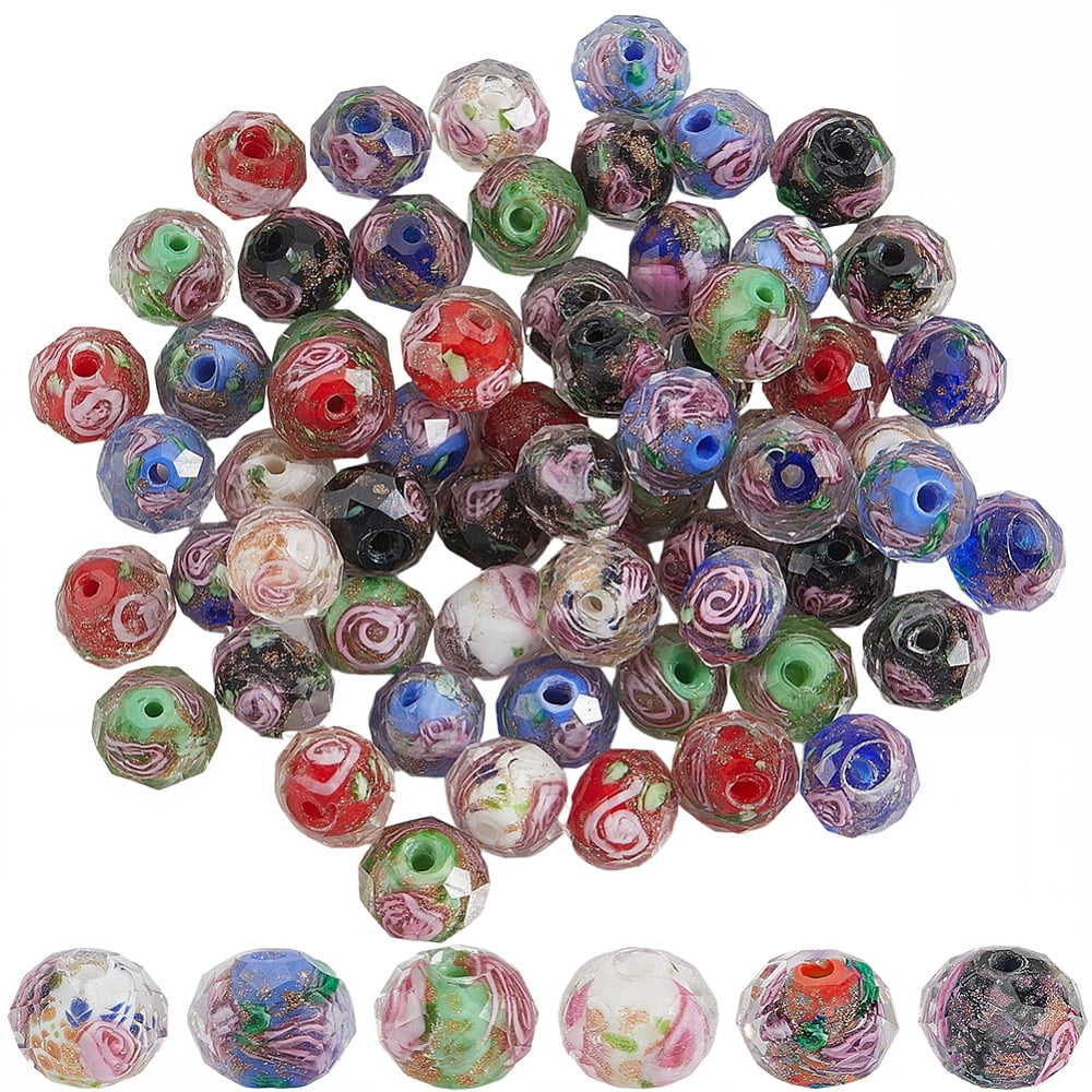 90Pcs 6 Colors Handmade Gold Sand Lampwork Beads Inner Flower Faceted ...