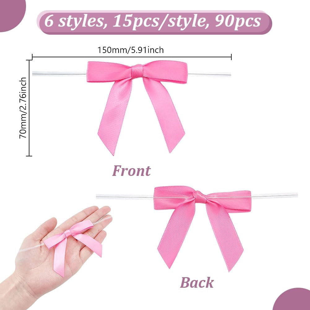 90Pcs 6 Colors Pastel Pink Satin Ribbon Bows with Twist Tie 3" Pretied ...