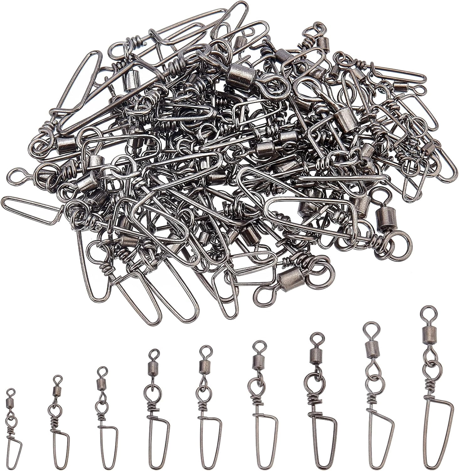 90Pcs 9 Sizes Bearing Swivels with Coastlock Snap Brass Fishing Snaps ...