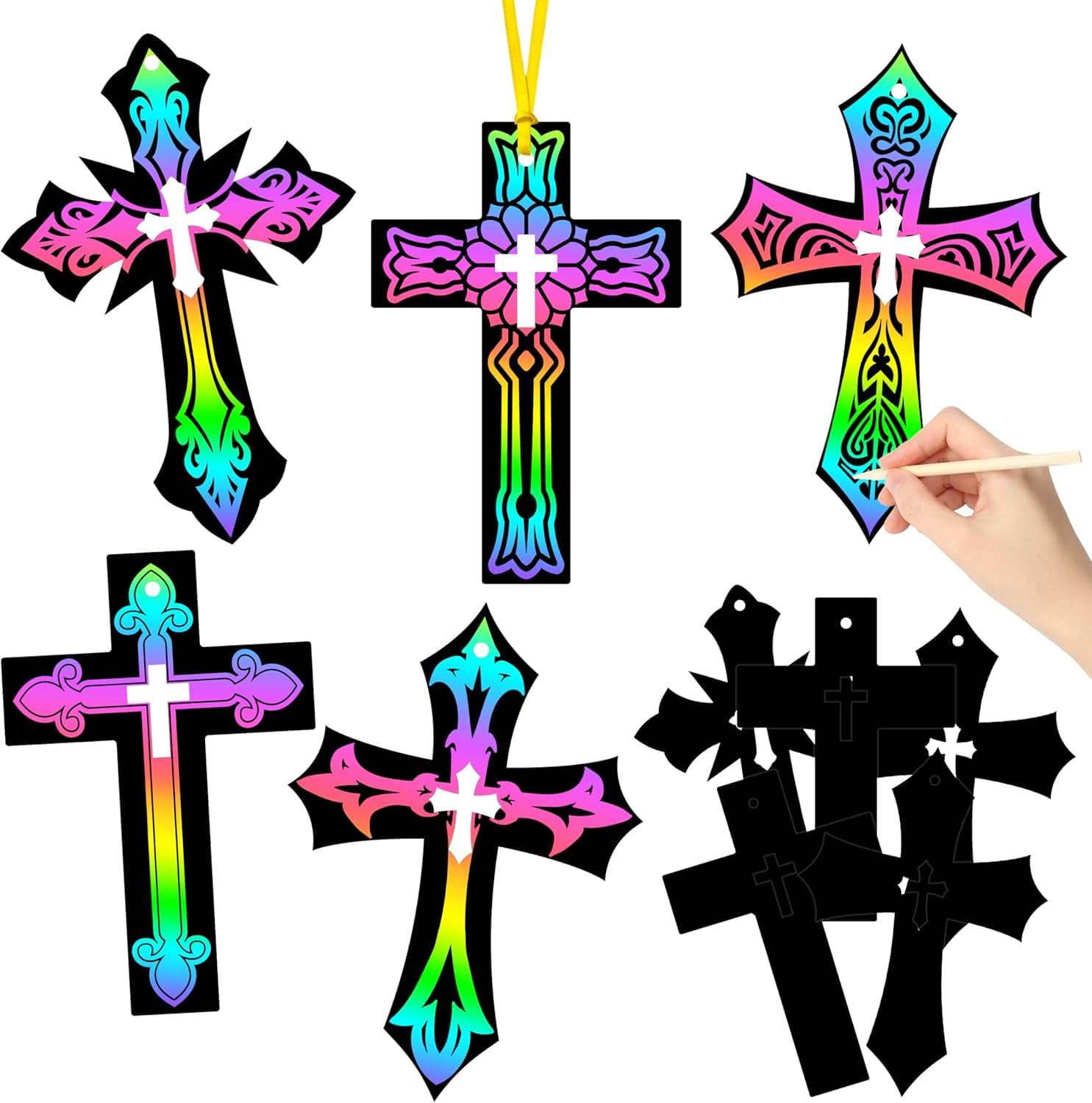 90Pcs Scratch Cross Ornaments DIY Magic Rainbow Color Scratch Cards ...
