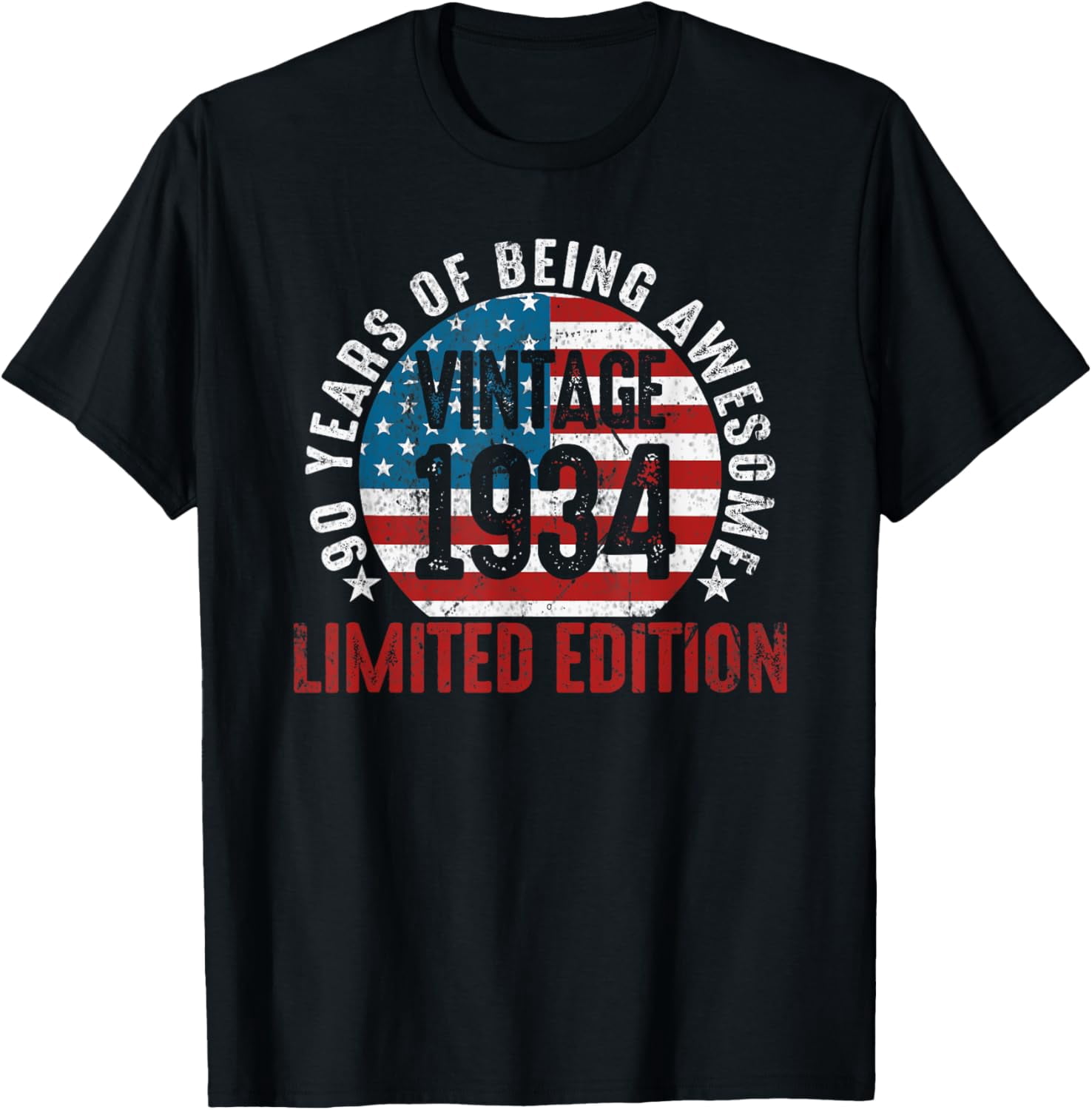 90Th Birthday Vintage 1934 Patriotic Usa Flag 92 Year Old Shirt BLACK ...