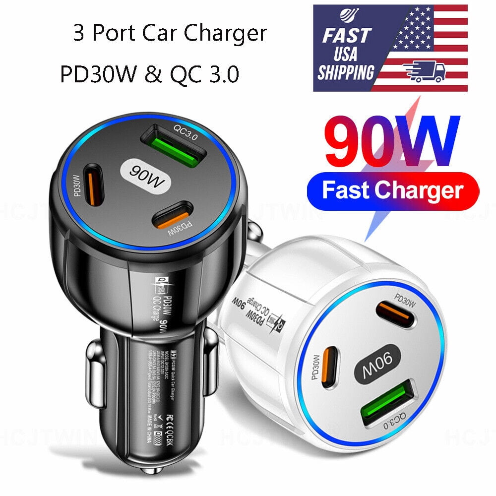 90W Car Charger PD 30W Multi Port Type C Cigarette Lighter USB Charger White - Walmart.com