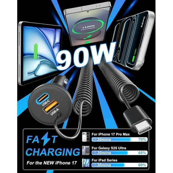 90W iPhone 17/17 Pro Max/Air Car Charger Fast Charging, 3-Port USB C ...