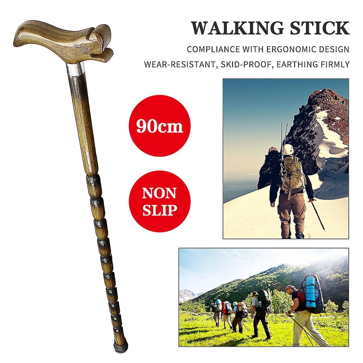 90cm Walking Stick Old Man Cane Pole Carved Nob Slip Beech Wood Vintage ...