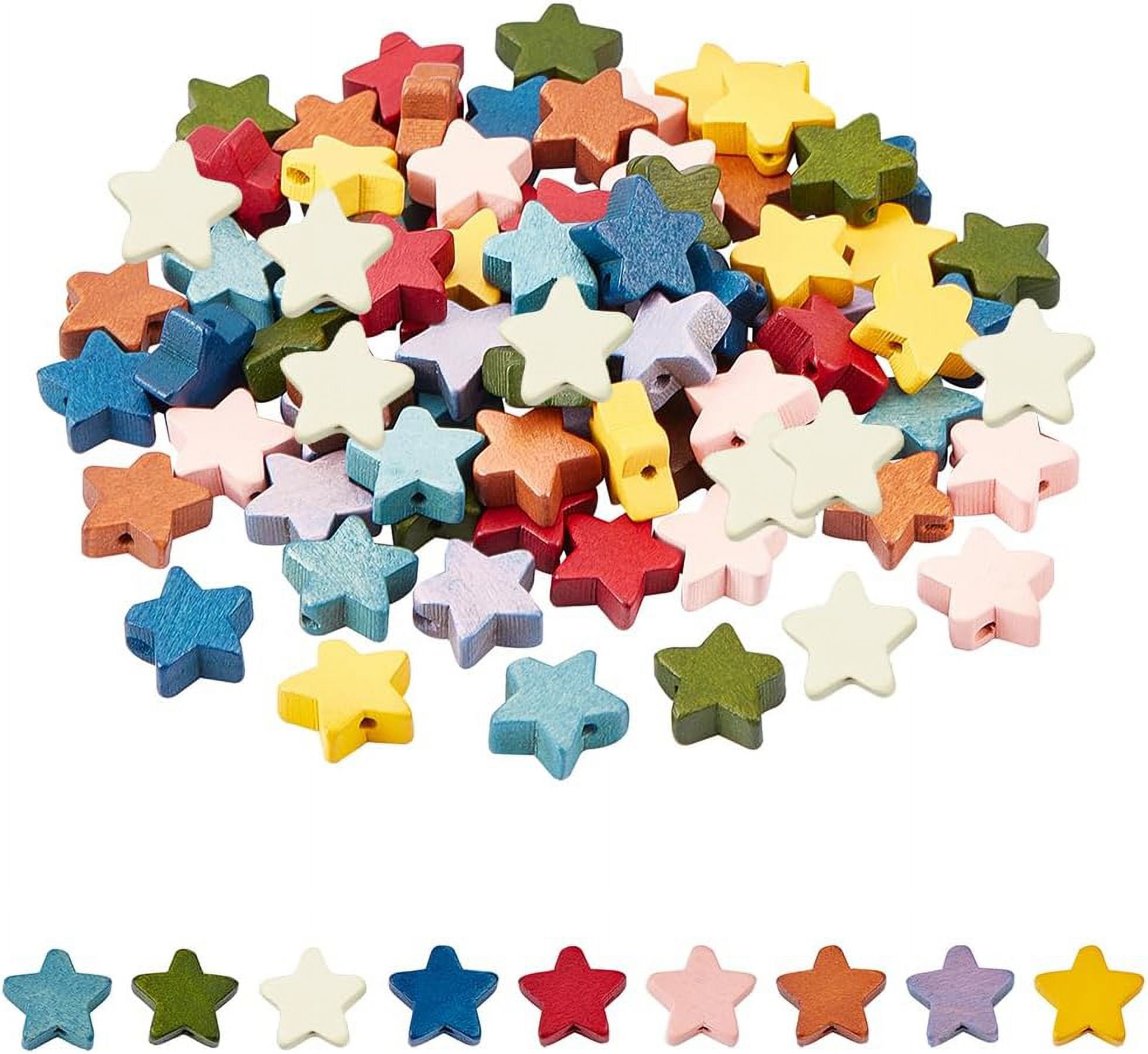 90pcs 14mm Star Wood Beads Natural Star Shape Painted Multi-Color Wood ...