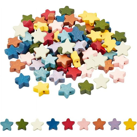 90pcs 14mm Star Wood Beads Natural Star Shape Painted Multi-Color Wood ...