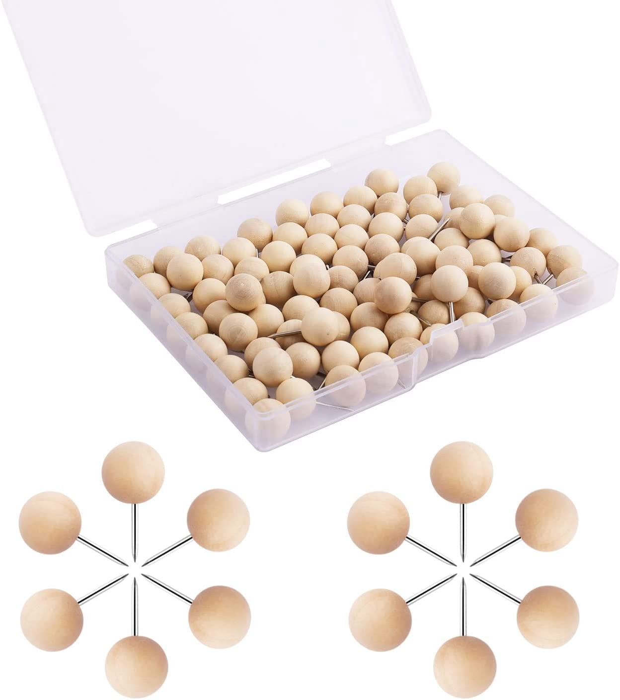 90pcs Push Pins, Wooden Push Pins Wooden Thumb Tack Walnut Push Pins ...