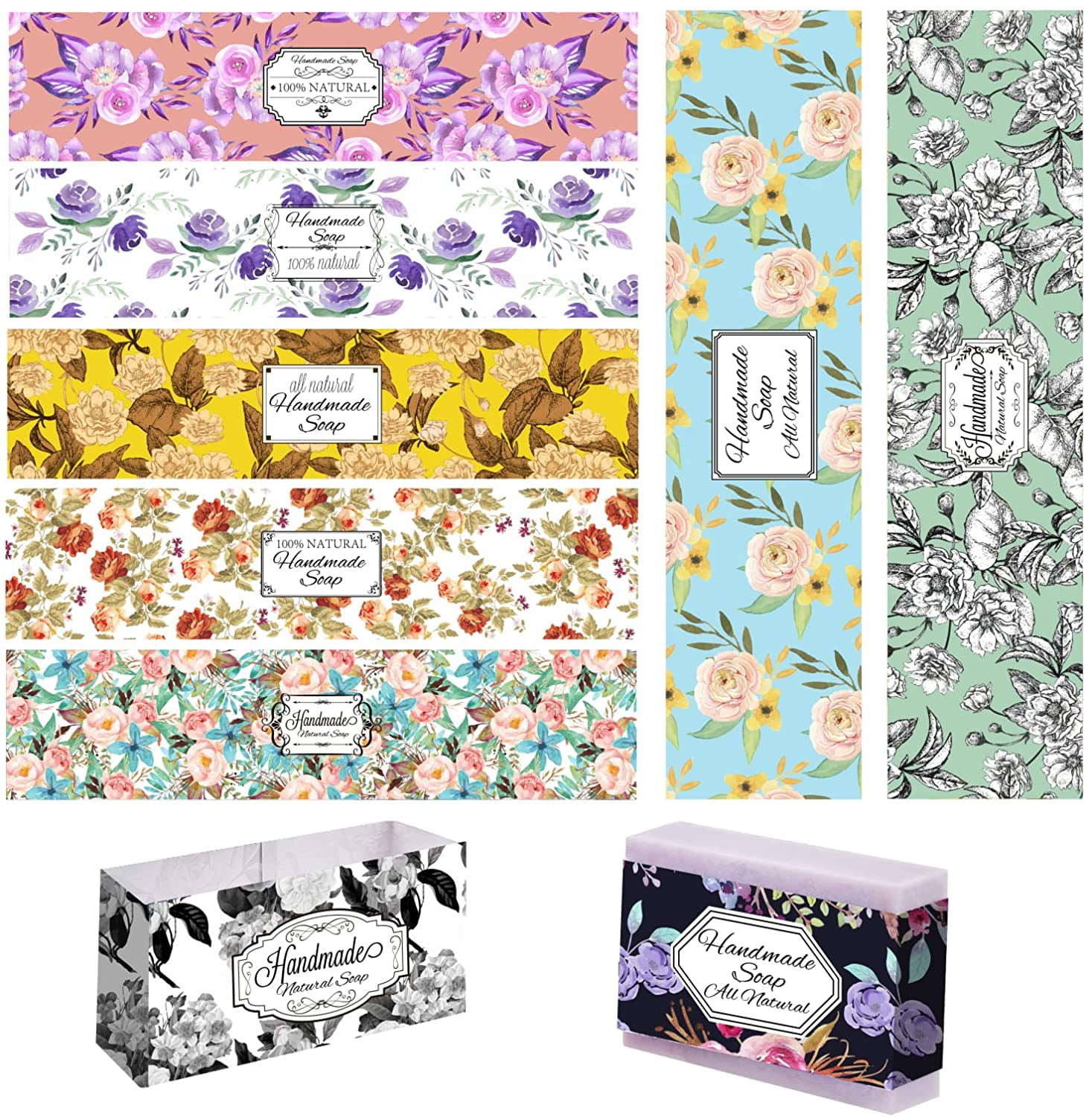 90pcs Soap Packaging Paper, 9 Styles Floral Soap Labels Soap Wrapper ...