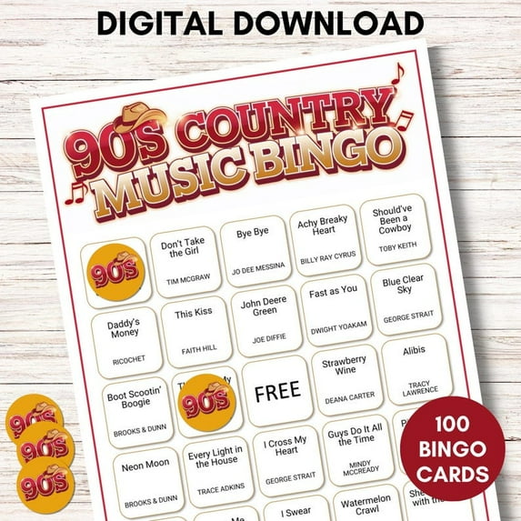 90s Country Music Bingo — Printable Bingo Game, 100 Cards, Throwback ...