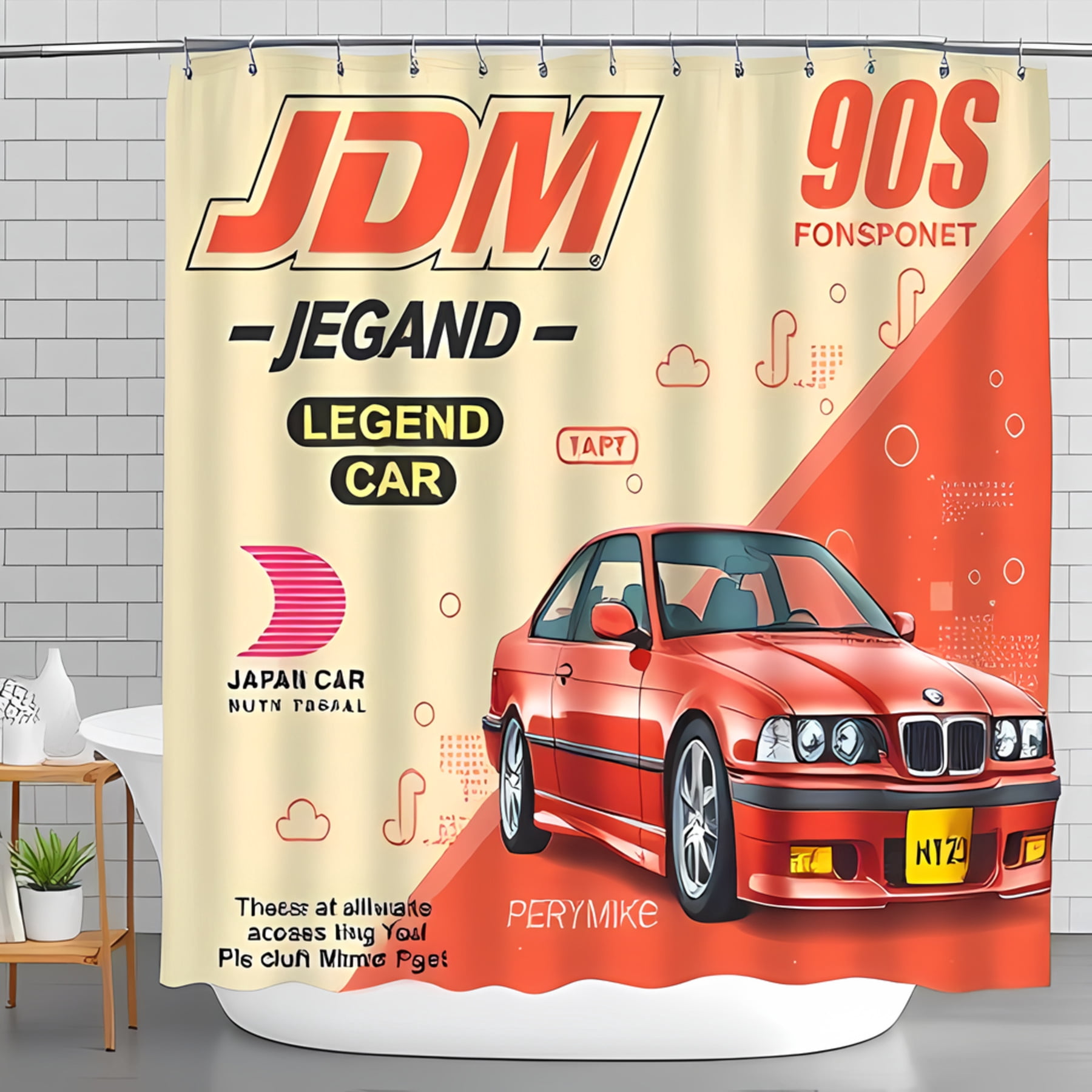90s Culture Shower Curtain - Retro Red Sports Car Design with Bold ...
