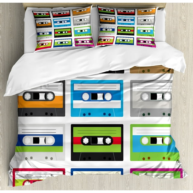 90s Duvet Cover Set, Composition of Retro Plastic Audio Cassettes Tapes ...