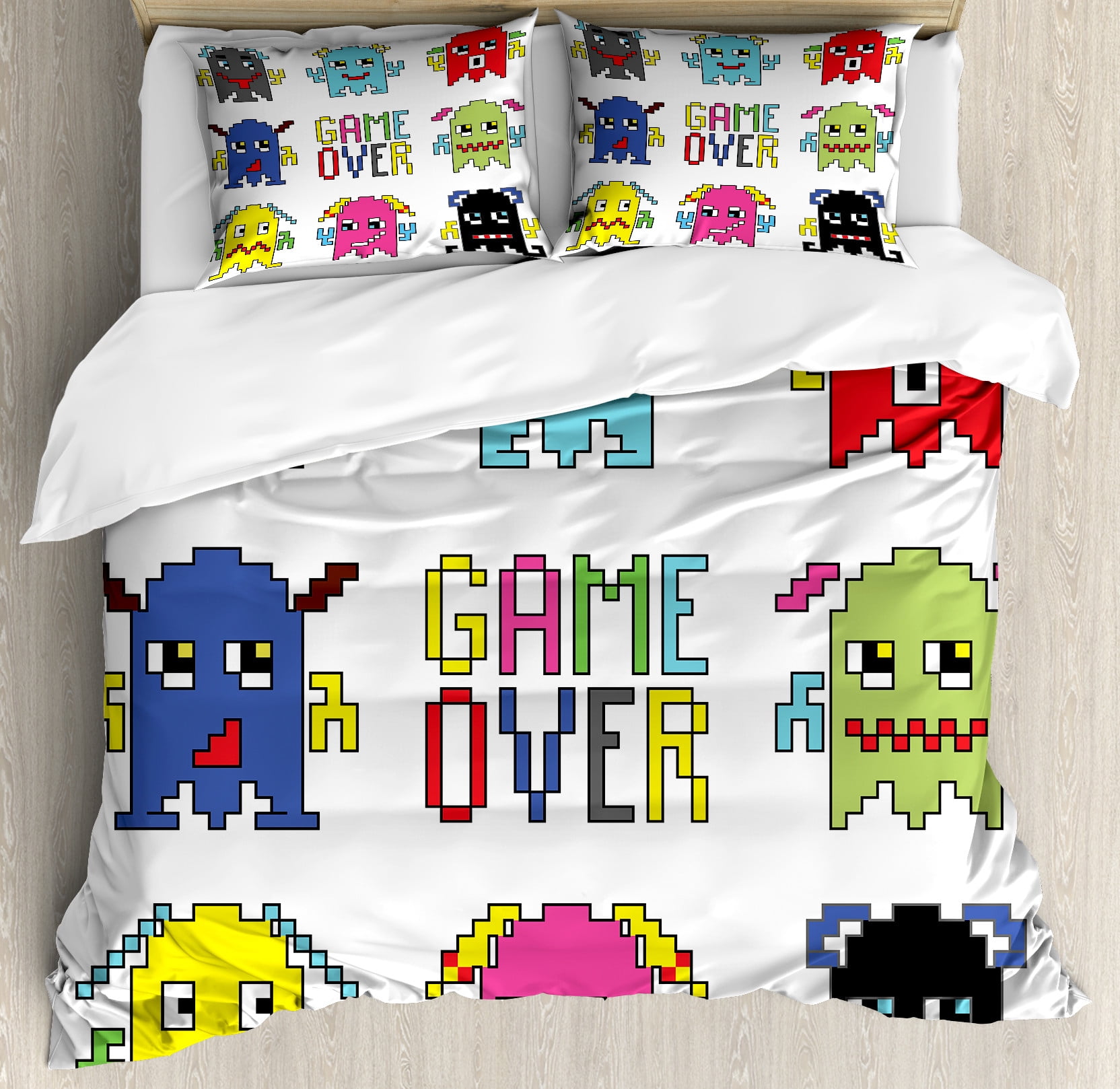 90s Duvet Cover Set, Pixel Robot Emoticons with Game over Sign Inspired ...