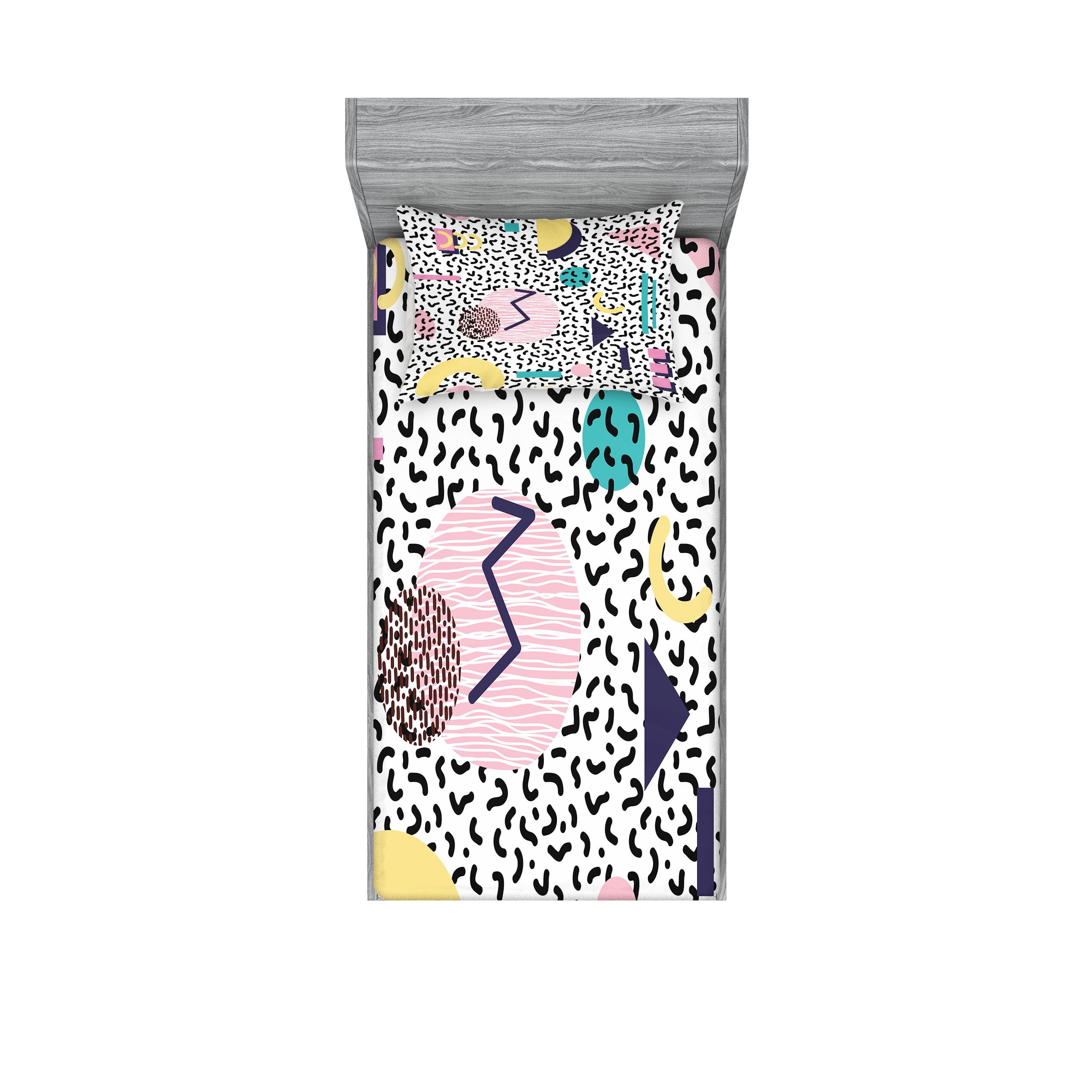 90s Fitted Sheet & Pillow Sham Set, Geometric Pattern in Retro Style ...