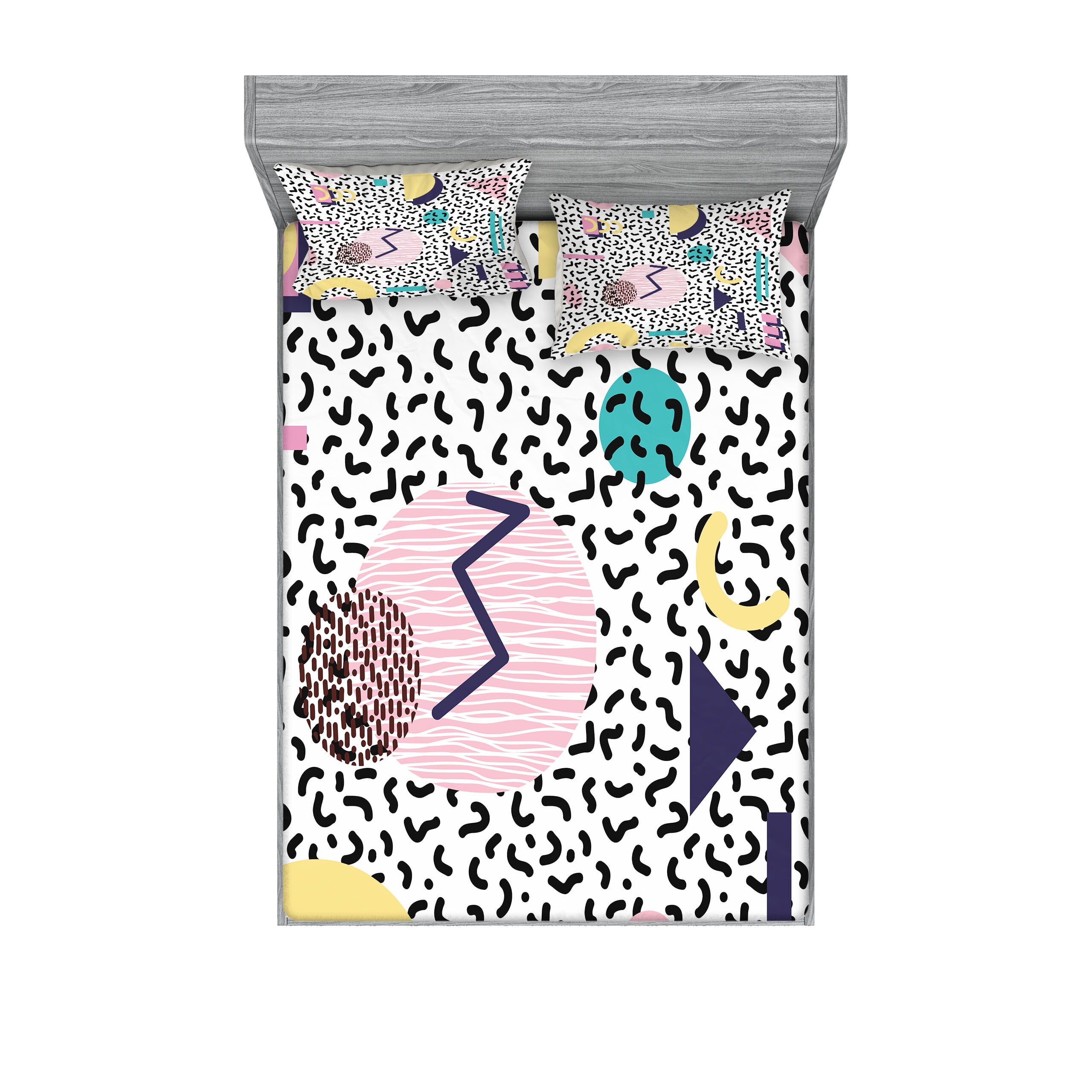 90s Fitted Sheet & Pillow Sham Set, Geometric Pattern in Retro Style ...