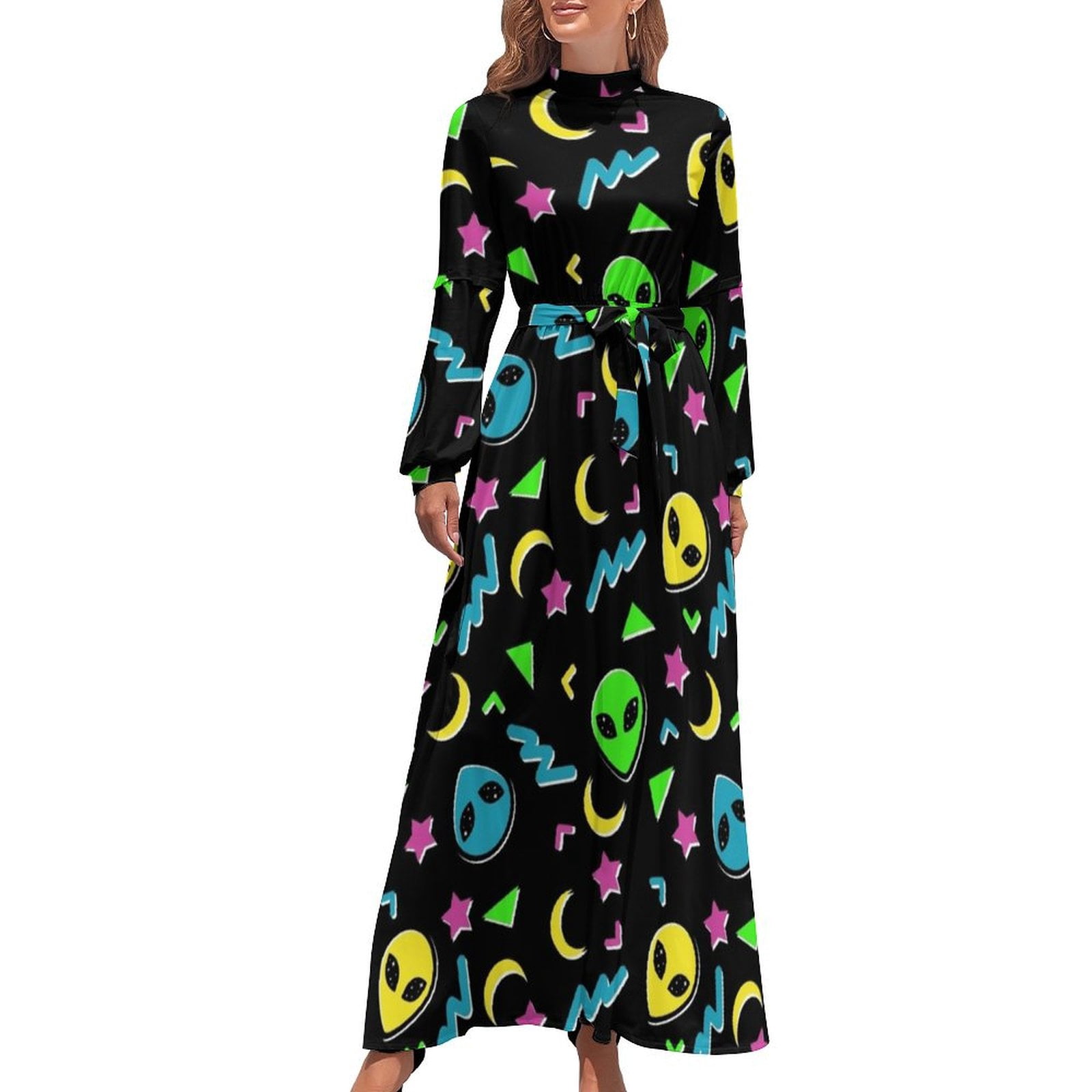 90s Geometric Alien - Black and Neon Long Dress Woman clothing party ...