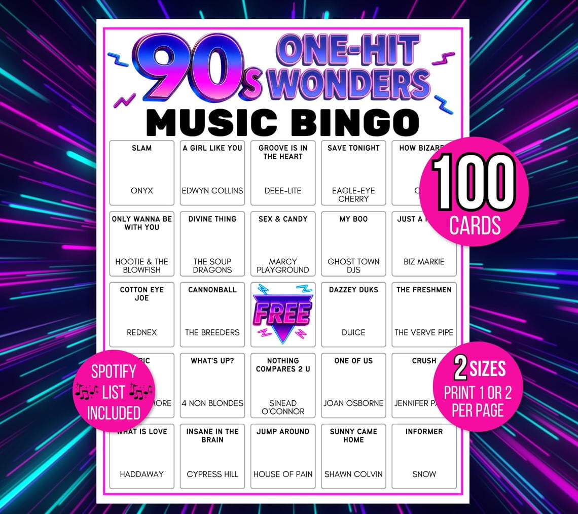 90s Music Bingo, 90s Song Bingo, 90s Retro Bingo, 100 1990s One Hit ...