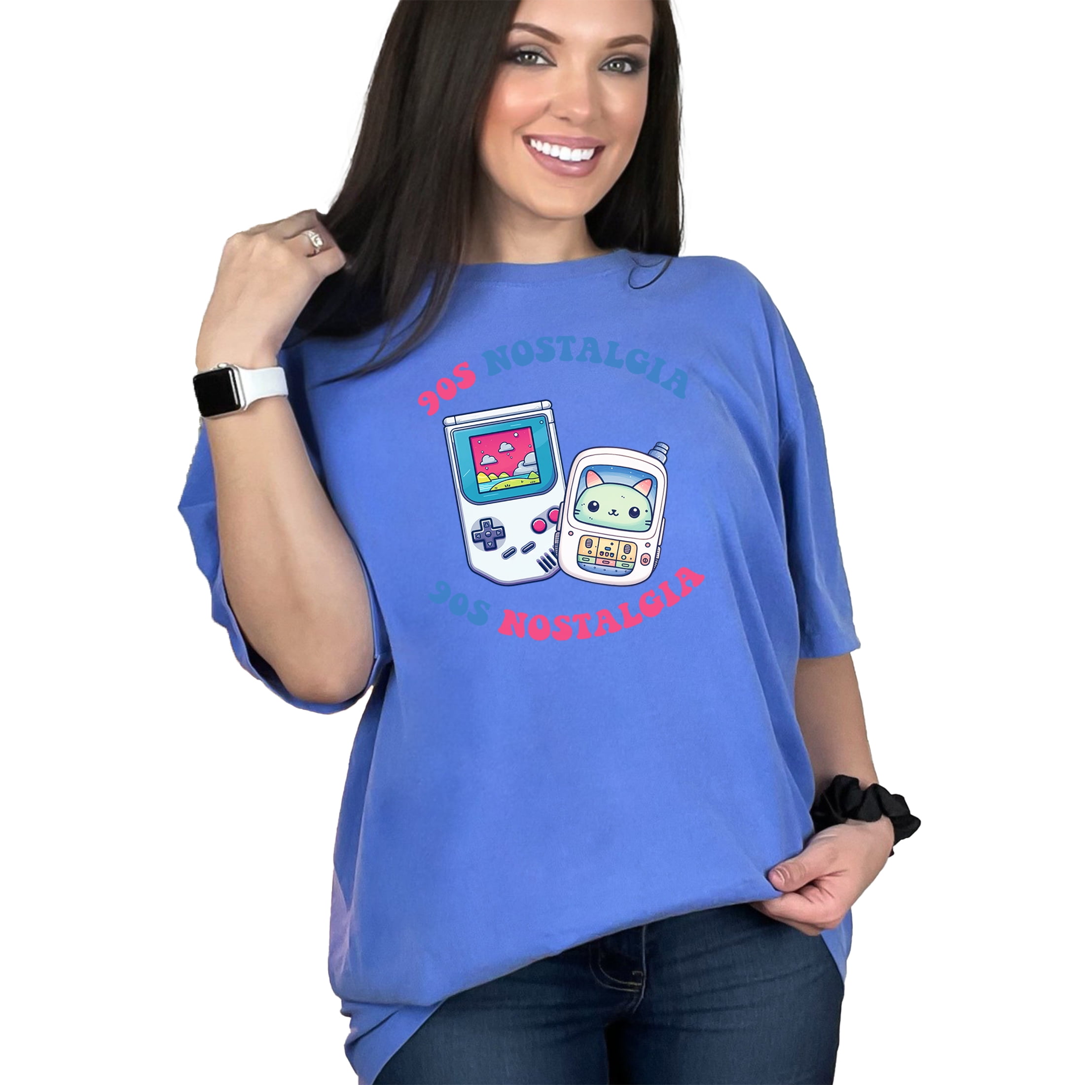 90s Nostalgia T-Shirt, Cute Retro Cat and Game Console Design, Vintage ...