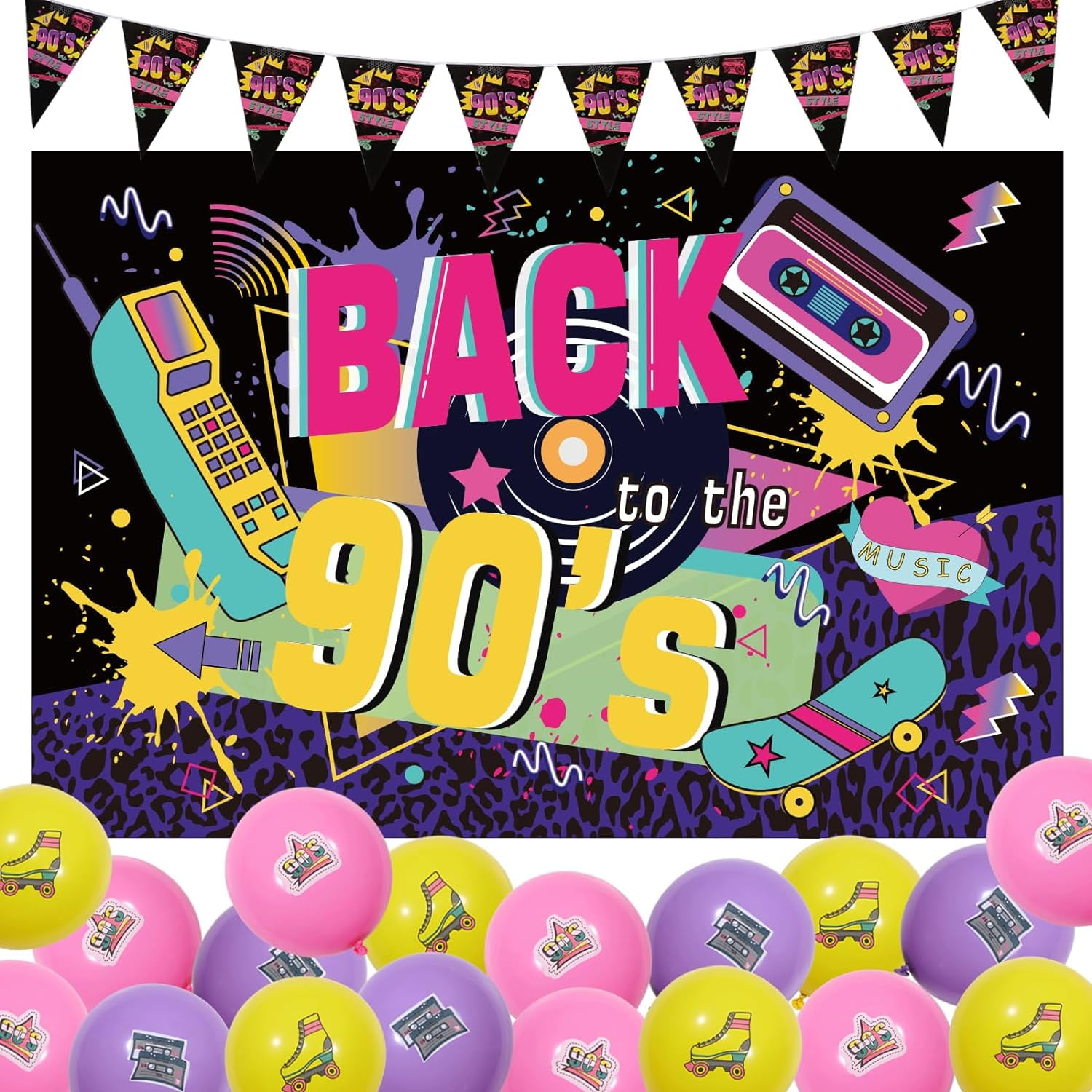 90s Party Decorations Back to the 90s Backdrop 90s Style Bunting Banner ...