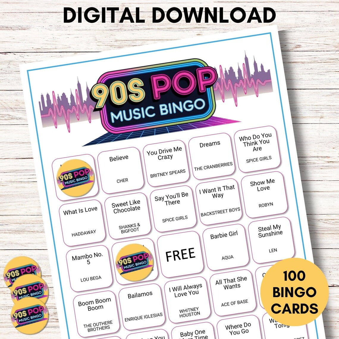 90s Pop Music Bingo, 100 Bingo Cards, Fun Party Game for Gatherings ...