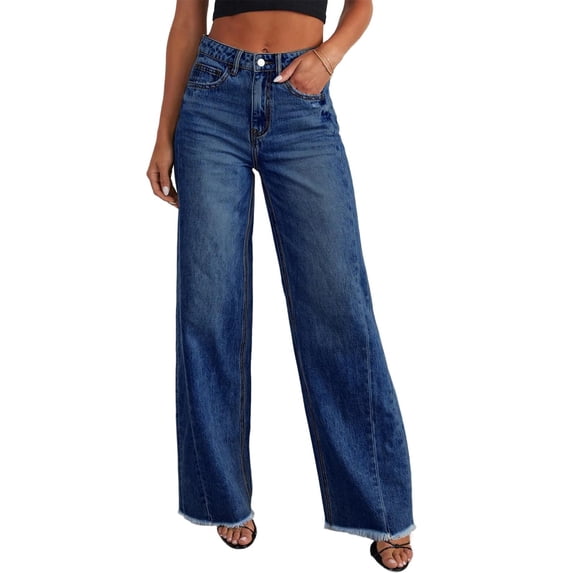 90s Retro High Waisted Wide Leg Women Jeans, Raw Frayed Hem Loose ...