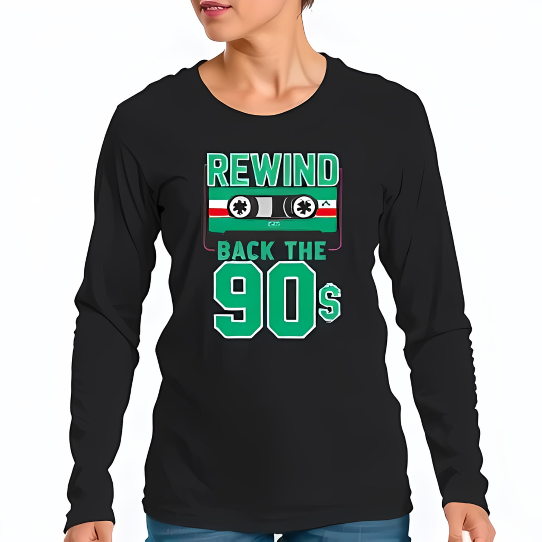 90s Retro Long Sleeve T-Shirt for Men Women - Stylish Cassette Tape Graphic Tee with " REWIND ...