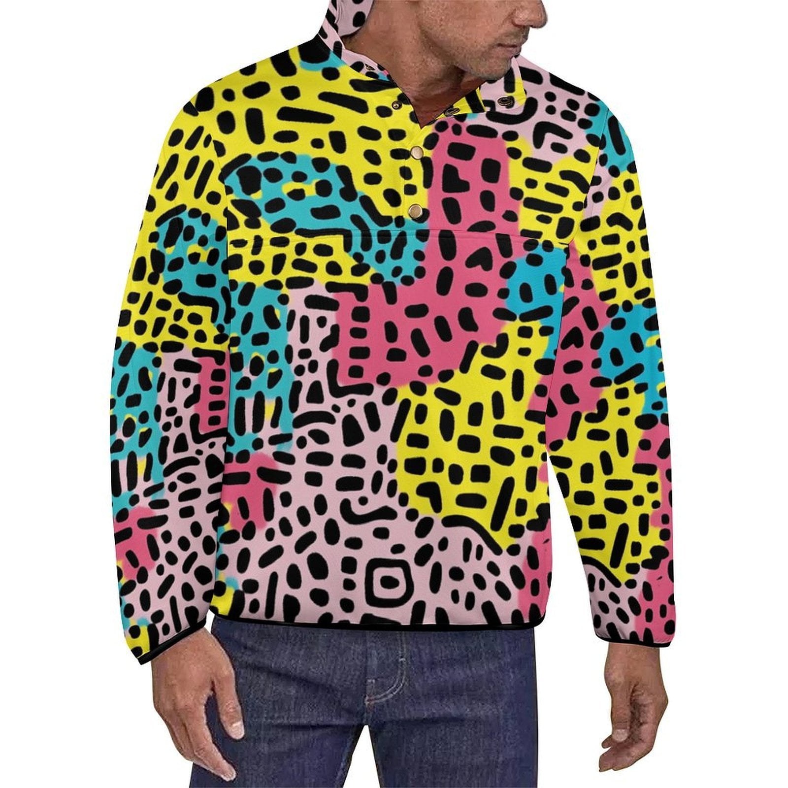 90s Retro Memphis Style Men's Stand Collar Sweater Long Sleeve Clothing Loose Fit Sports Sweater ...