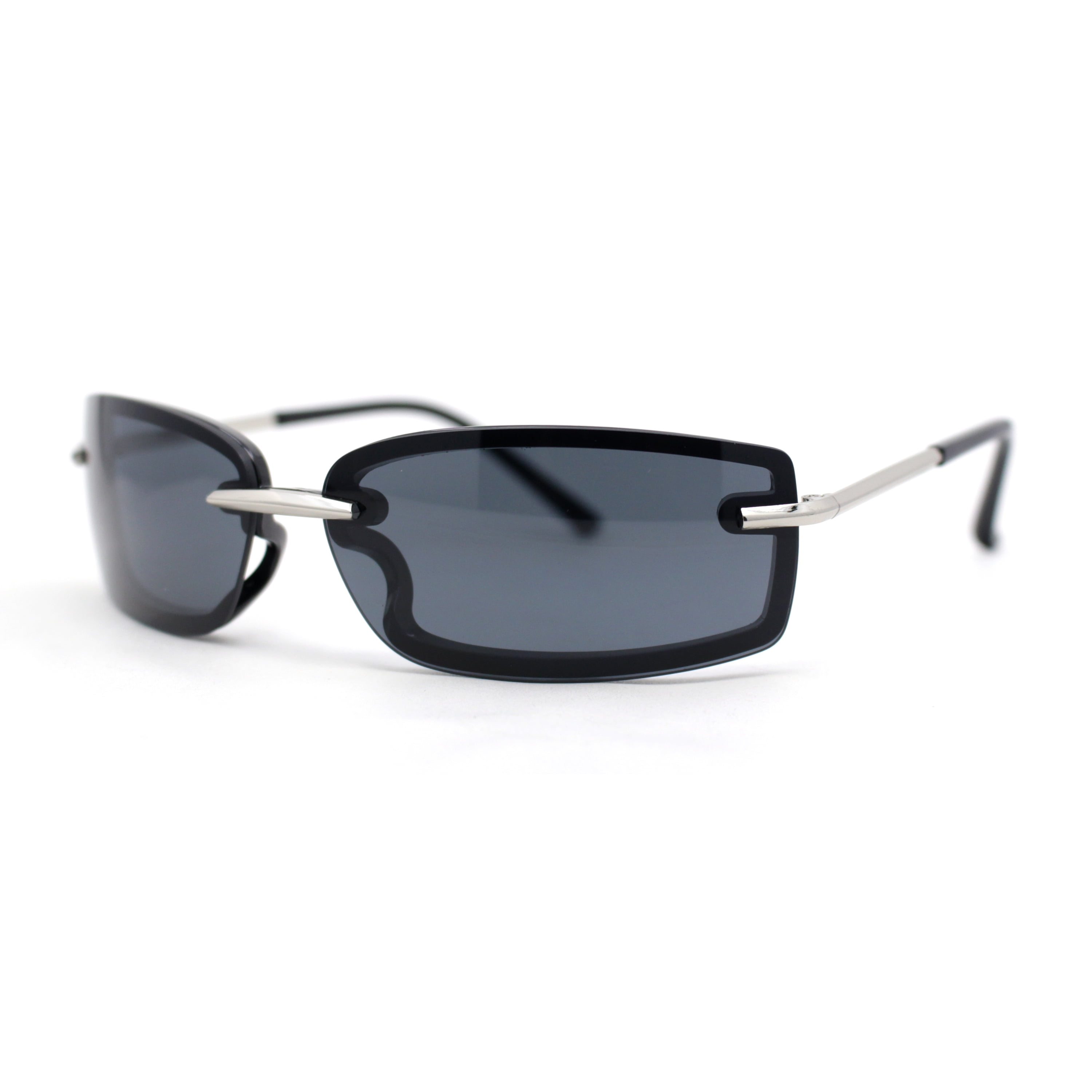 90s Rimless Curved Rectangle Agent Style Plastic Sunglasses Silver ...