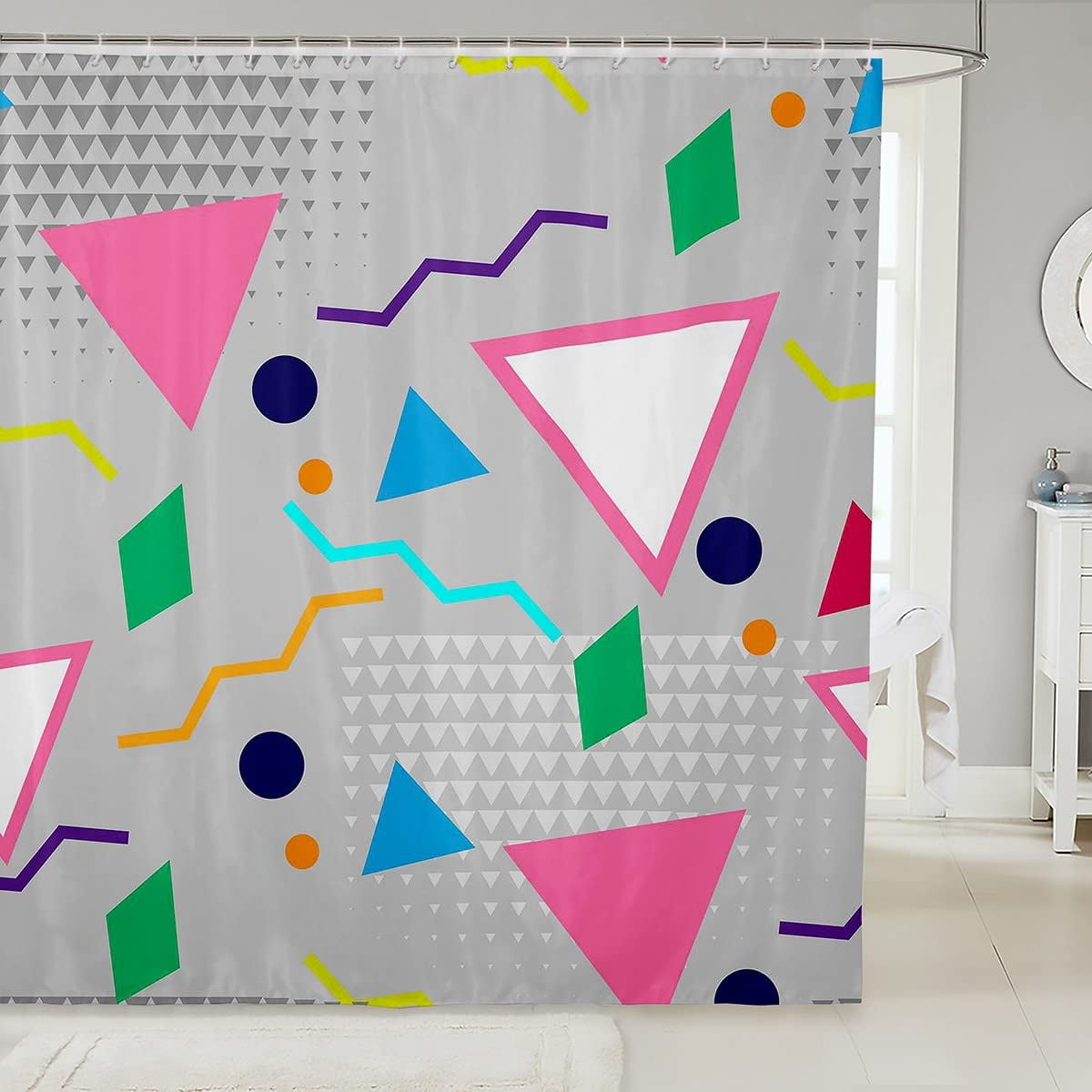 90s Shower Curtain Retro Geometric Round Circle Triangle Square Shapes ...