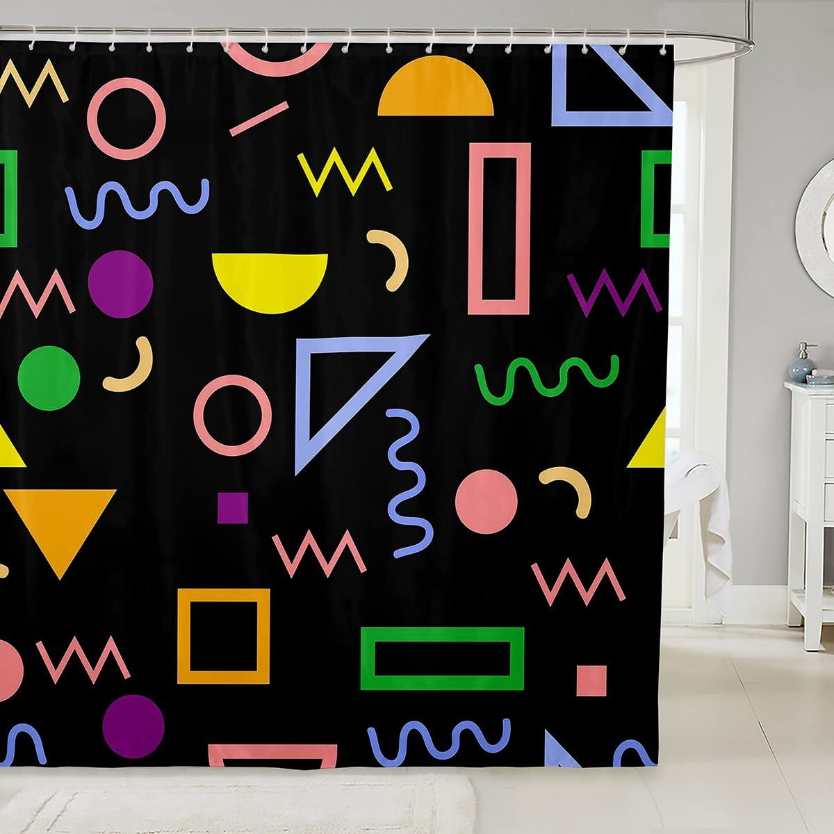 90s Shower Curtain Retro Geometric Round Circle Triangle Square Shapes ...