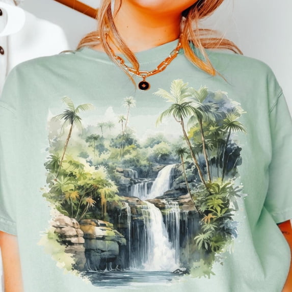 90s Tropical Waterfall TShirt Nature Landscape Tee Boho Jungle Palm ...