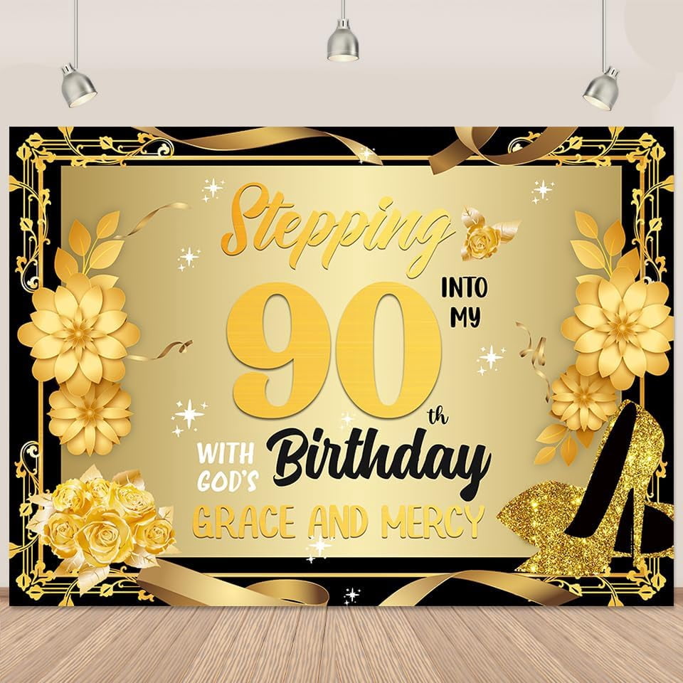 90th Birthday Backdrop Gold Heels Flower Birthday Backdrop for Women ...
